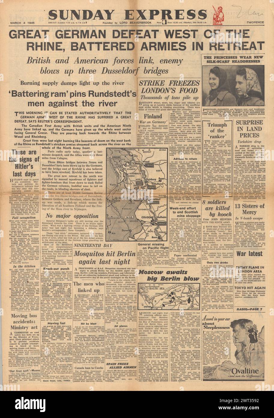 1945 Sunday Express front page reporting German forces retreat in ...
