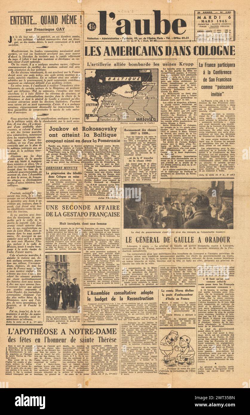 1945 L'aube front page reporting Battle for Cologne and Red Army on the ...