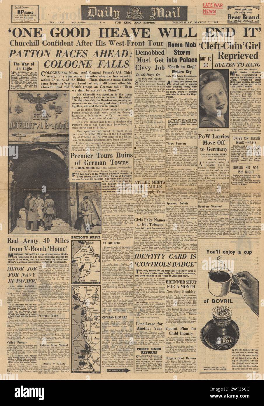1945 Daily Mail front page reporting Allies capture Cologne, Red Army ...