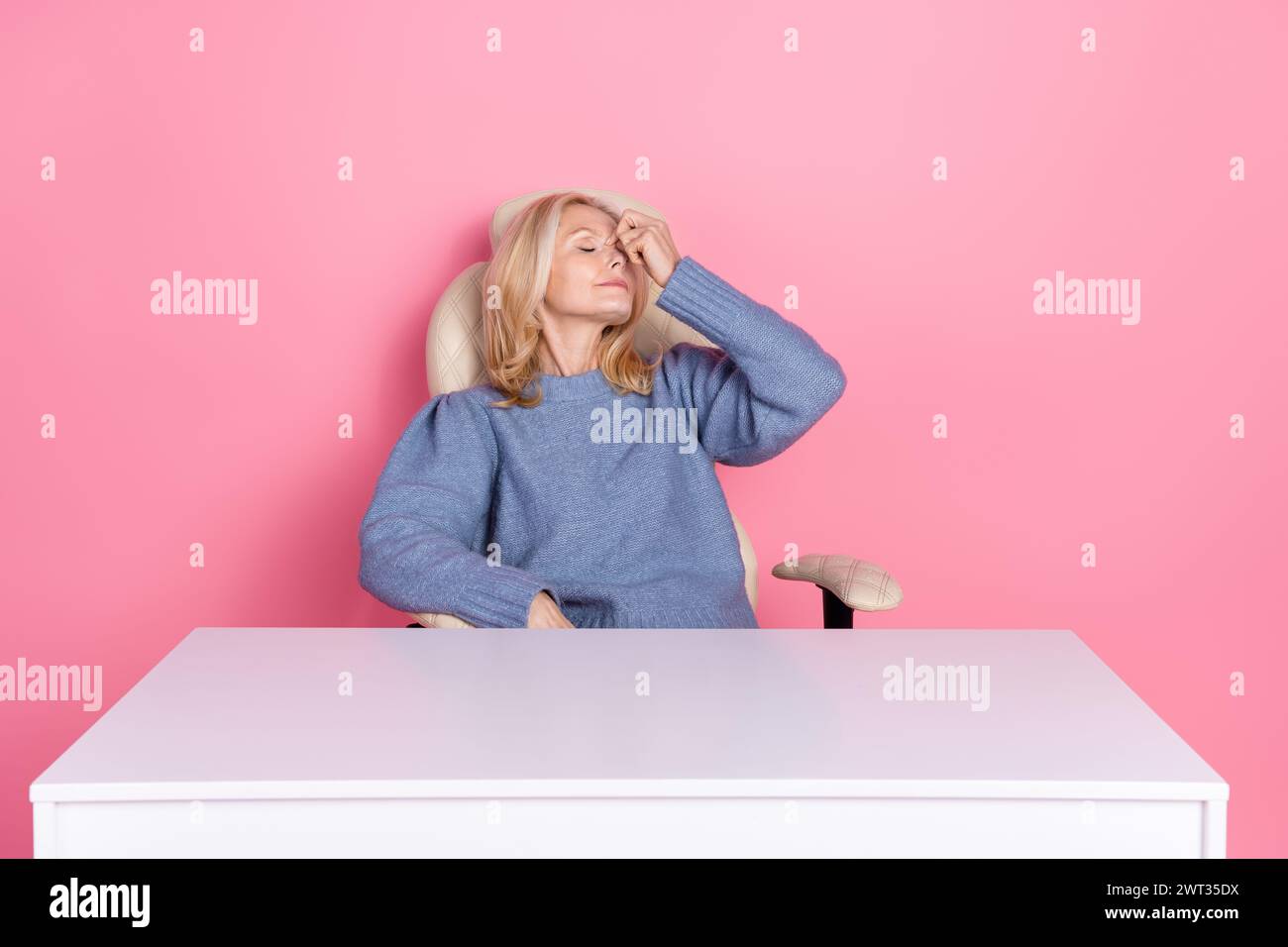 Photo of bored tired lady dressed sweater feeling bad working office ...
