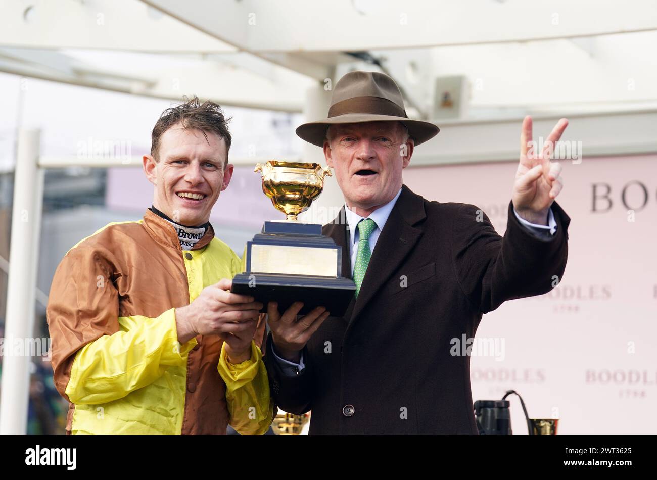 Paul Townend and trainer Willie Mullins with the Gold Cup Trophy after ...
