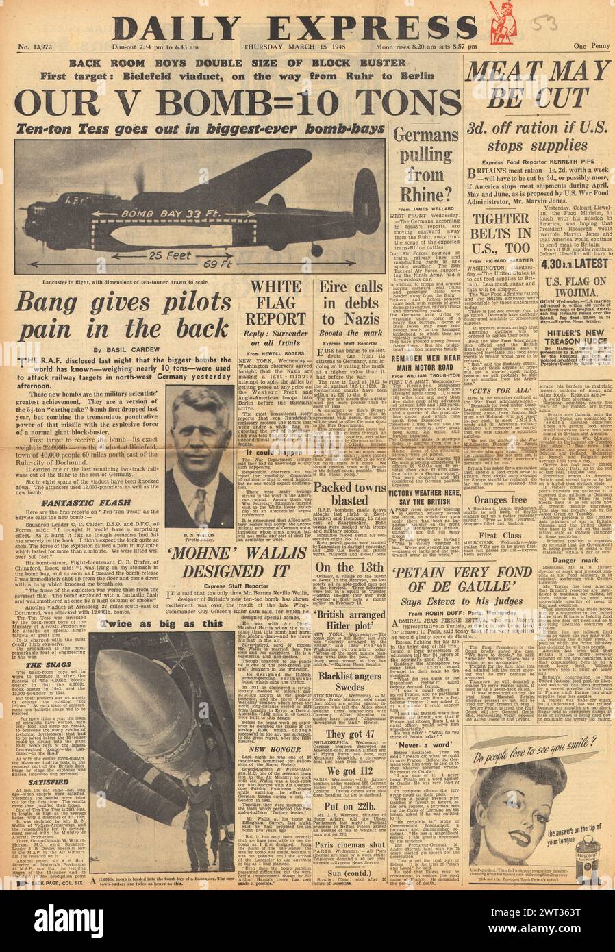 1945 Daily Express front page reporting New RAF bombs, German Army ...