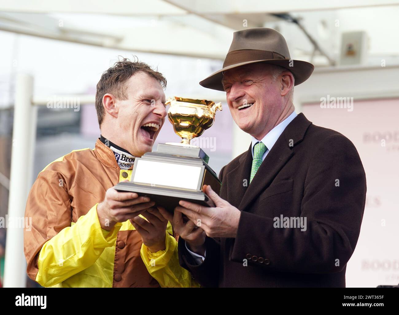 Paul Townend and trainer Willie Mullins with the Gold Cup Trophy after ...