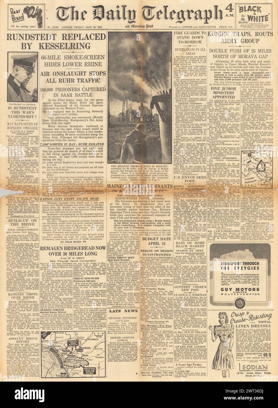 1945 The Daily Telegraph front page reporting Allied smoke screen on ...