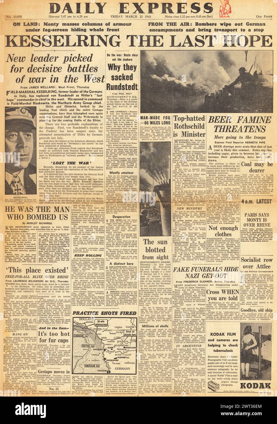 1945 Daily Express front page reporting Kesselring replaces von ...