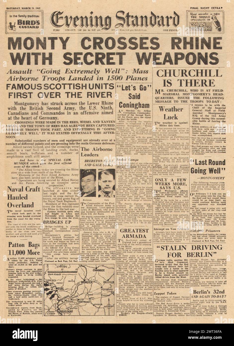 1945 Evening Standard front page reporting British forces cross the ...