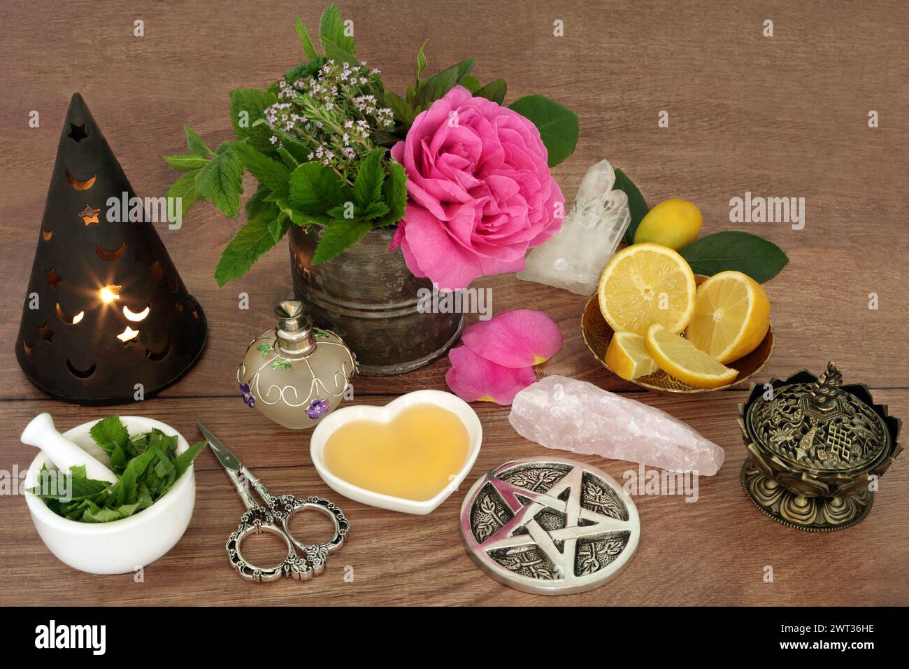 Wiccan love potion preparation for magic spell with ingredients of rose ...