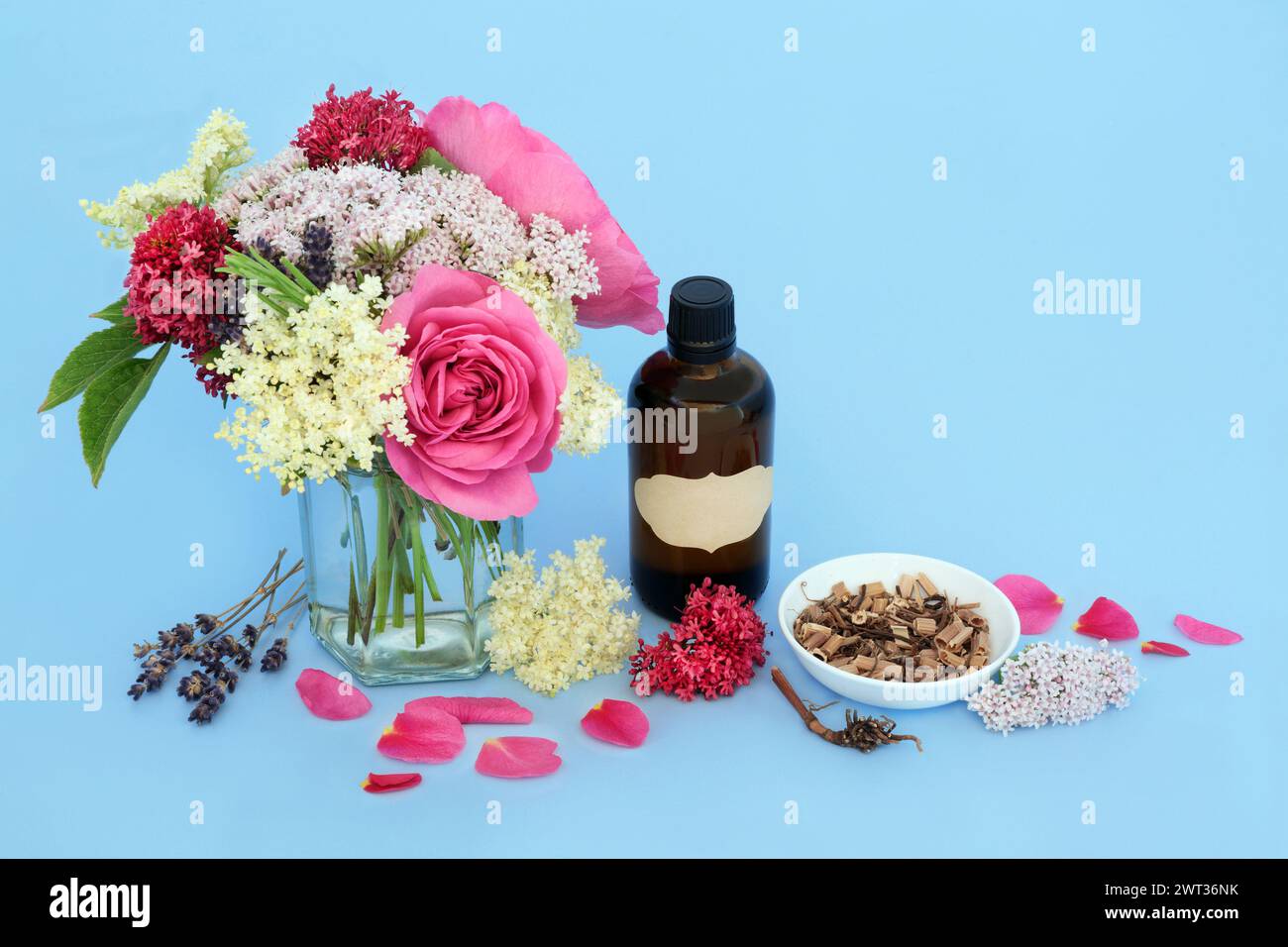 Healing adaptogen flowers and herbs with valerian root, rose, elder and ...