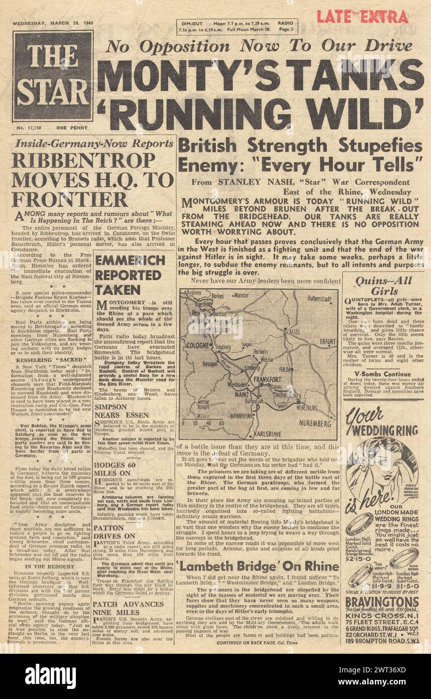 1945 The Star front page reporting British forces advance into Germany ...