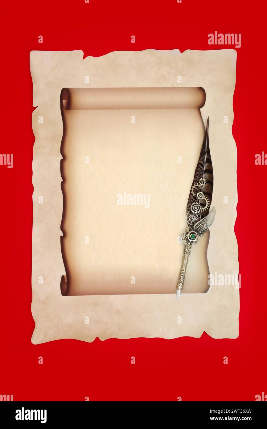 Parchment paper scroll with decorative vintage feather quill pen on red ...