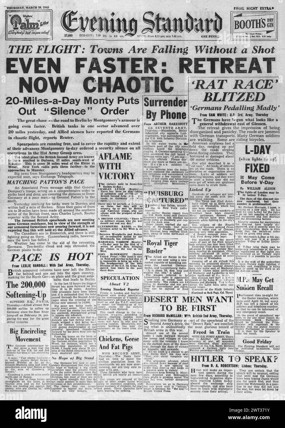 1945 Evening Standard front page reporting German Army in retreat and ...