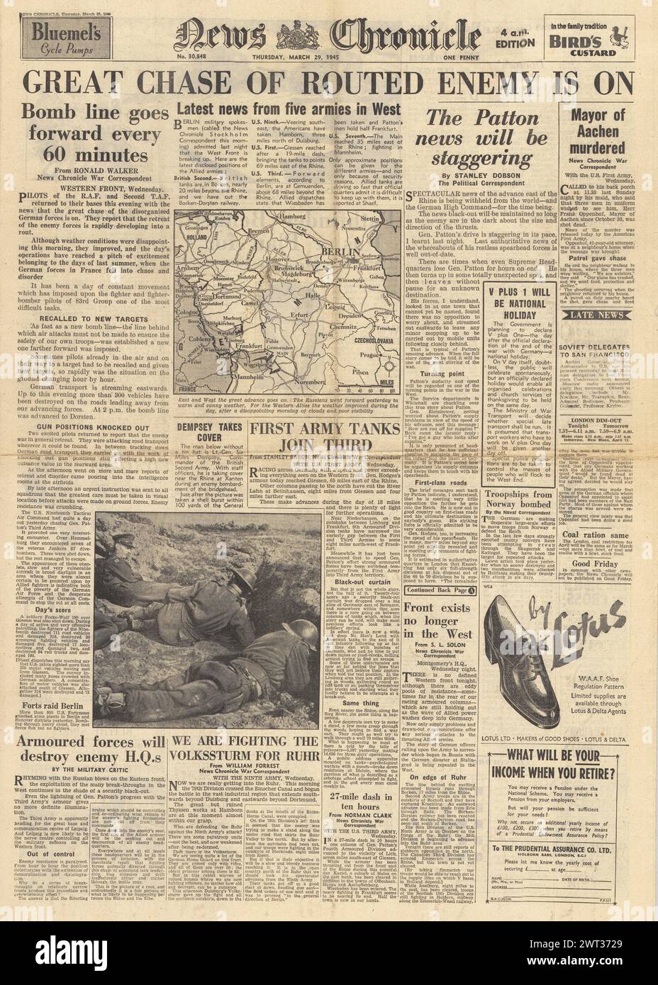1945 News Chronicle front page reporting German Army retreats in the ...