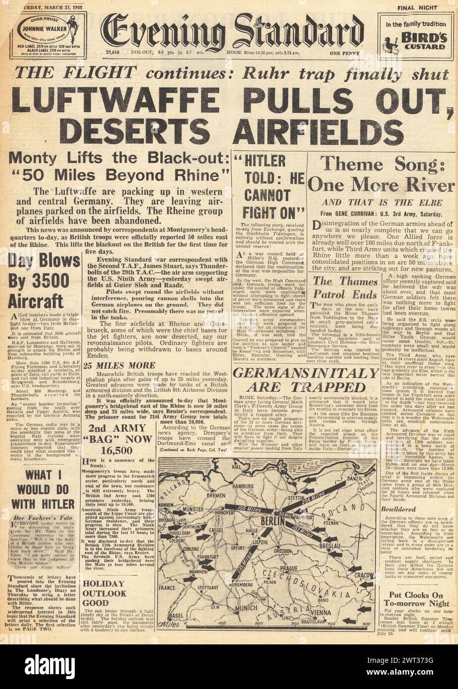 1945 Evening Standard front page reporting Luftwaffe abandons airfields ...