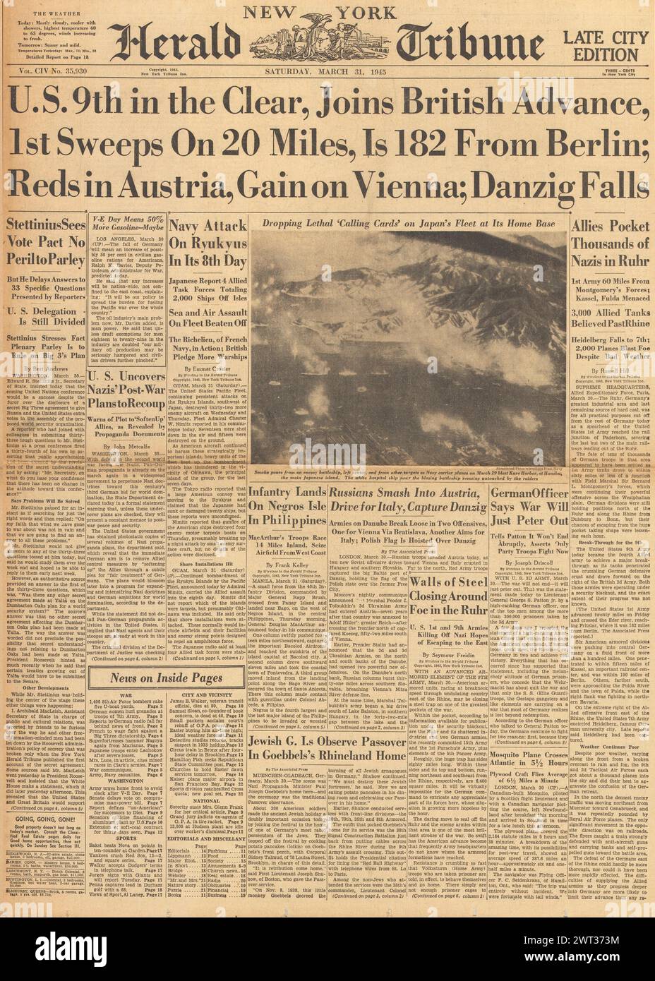 1945 Herald Tribune front page reporting Allied forces advance in ...