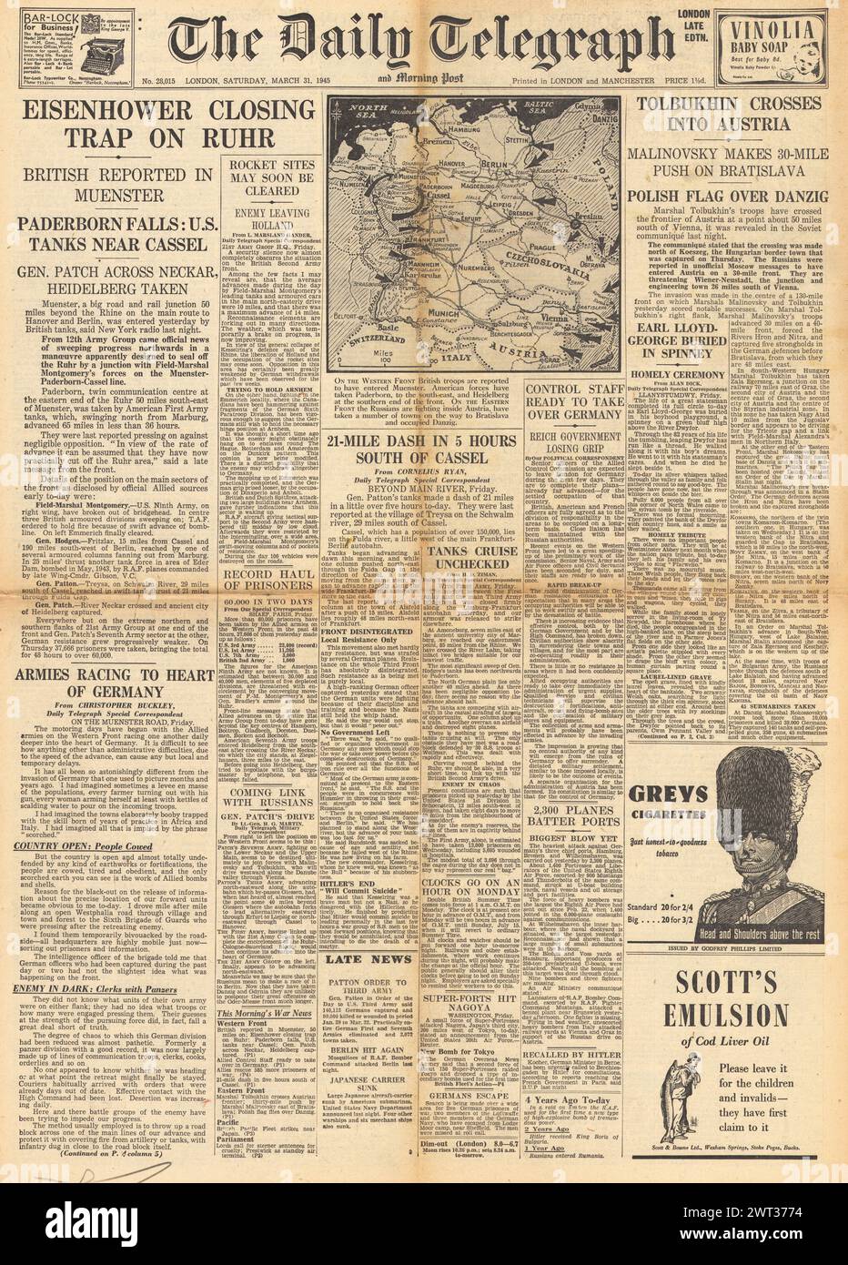 1945 The Daily Telegraph front page reporting German forces trapped in ...