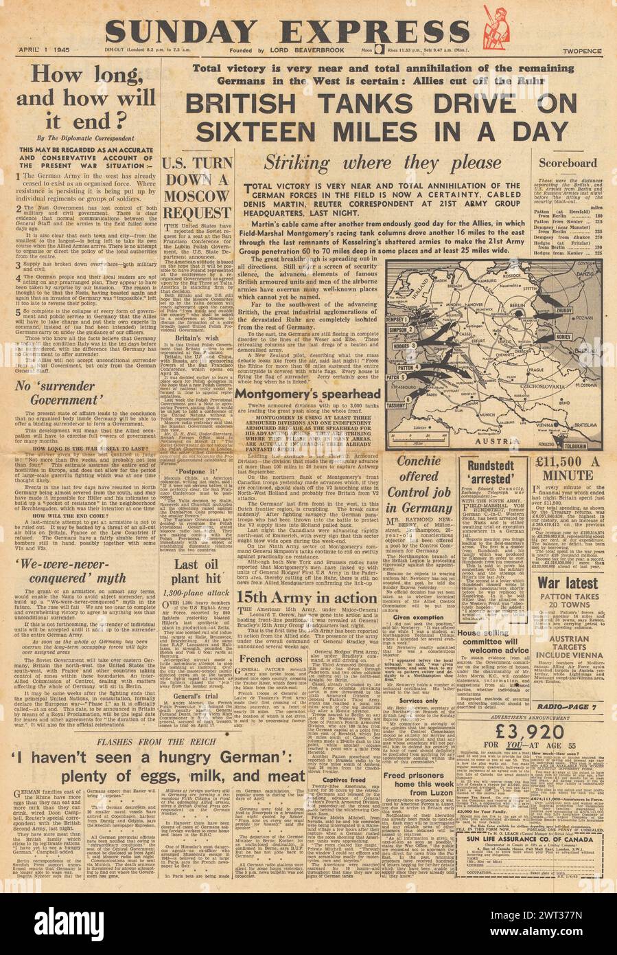1945 Sunday Express front page reporting German forces retreat in the ...