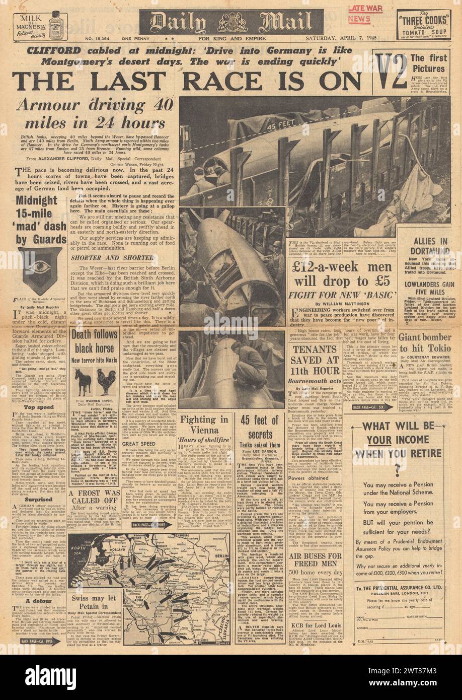 1945 Daily Mail front page reporting Captured V2 rocket, British ...