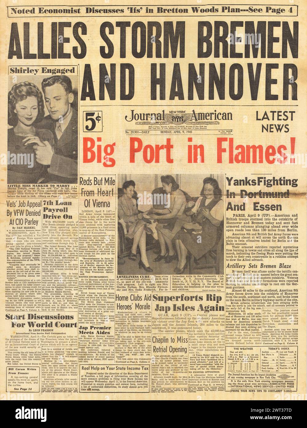 1945 Journal American front page reporting Allies threaten Hanover and ...