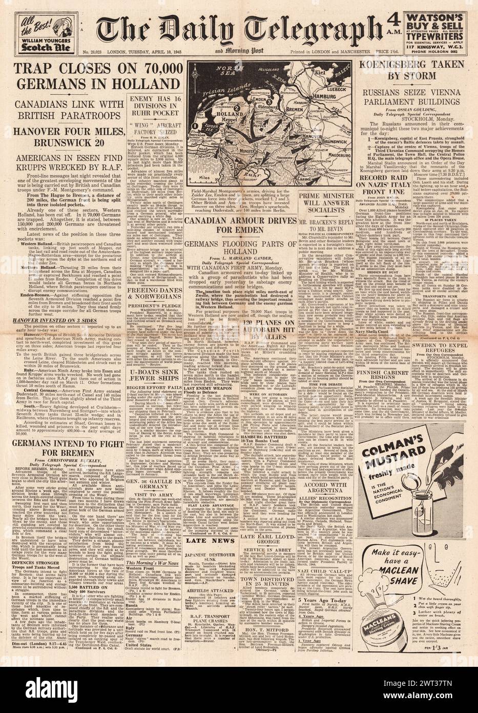 1945 The Daily Telegraph Front Page Reporting Germans Trapped In