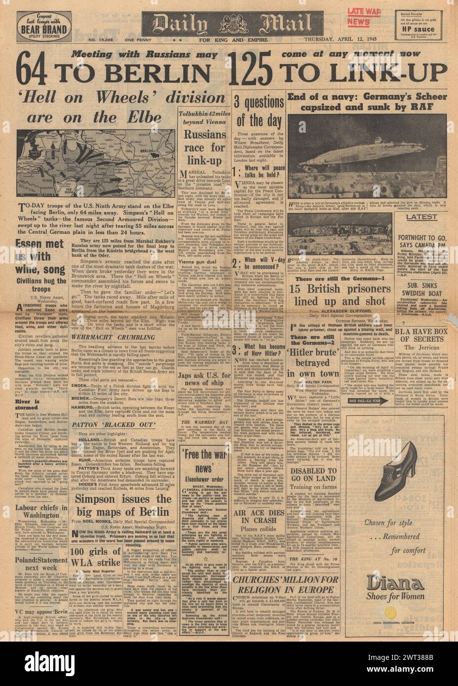 1945 Daily Mail front page reporting Allies advance from East and West ...