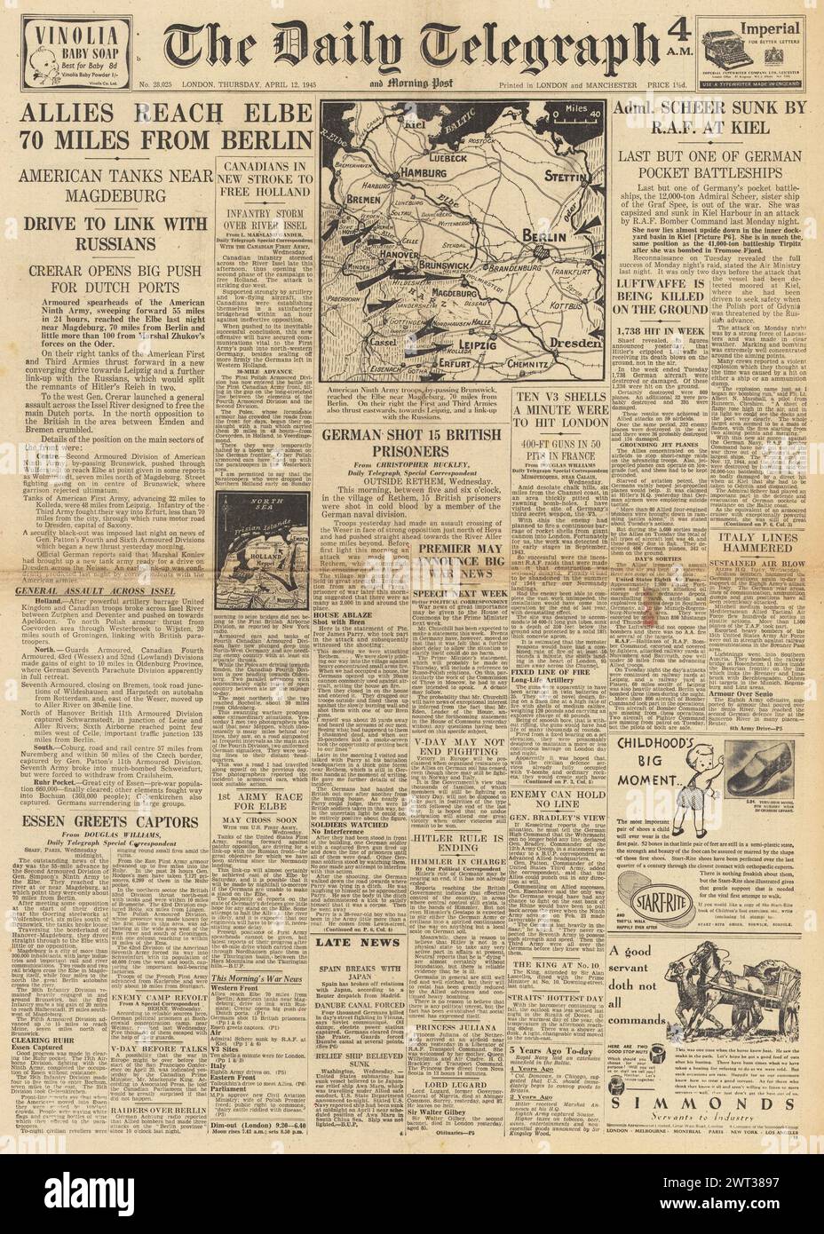 1945 The Daily Telegraph front page reporting Allies reach the Elbe ...