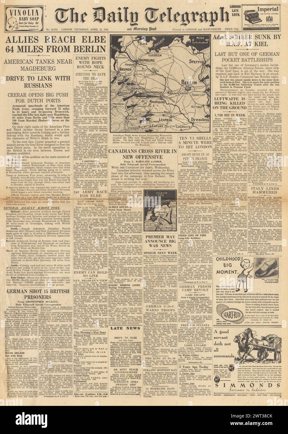 1945 The Daily Telegraph front page reporting Allies reach the Elbe ...