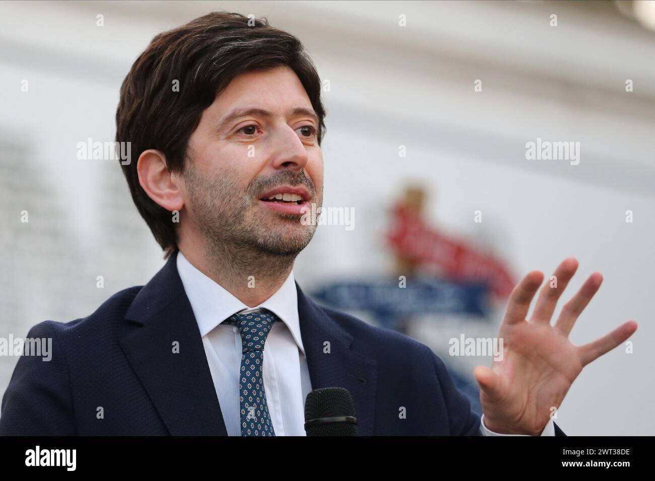 The Italian Minister of Health, Roberto Speranza, speaks at the Don ...