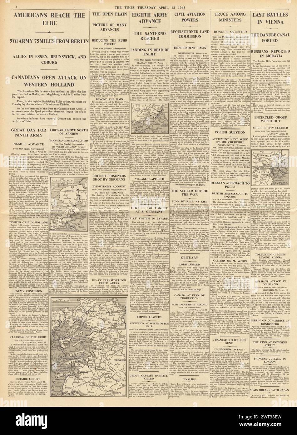 1945 The Times reporting Allies reach the Elbe, sinking of pocket ...
