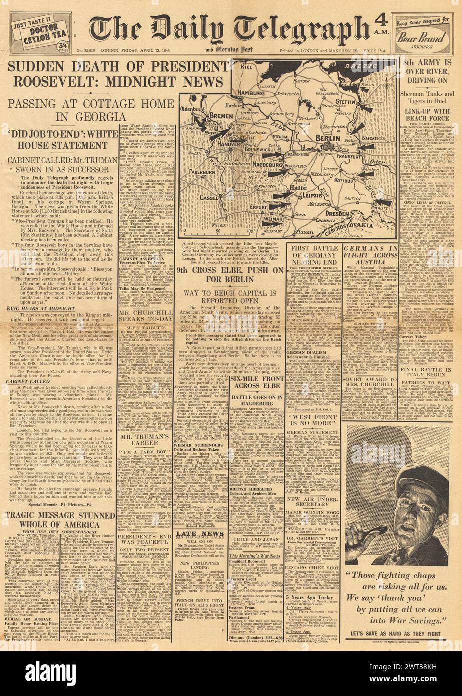 1945 The Daily Telegraph front page reporting Allies advance on Berlin ...
