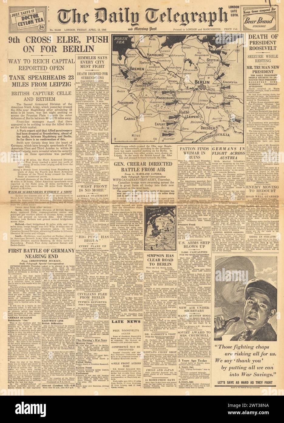 1945 The Daily Telegraph front page reporting Allies cross the Elbe ...
