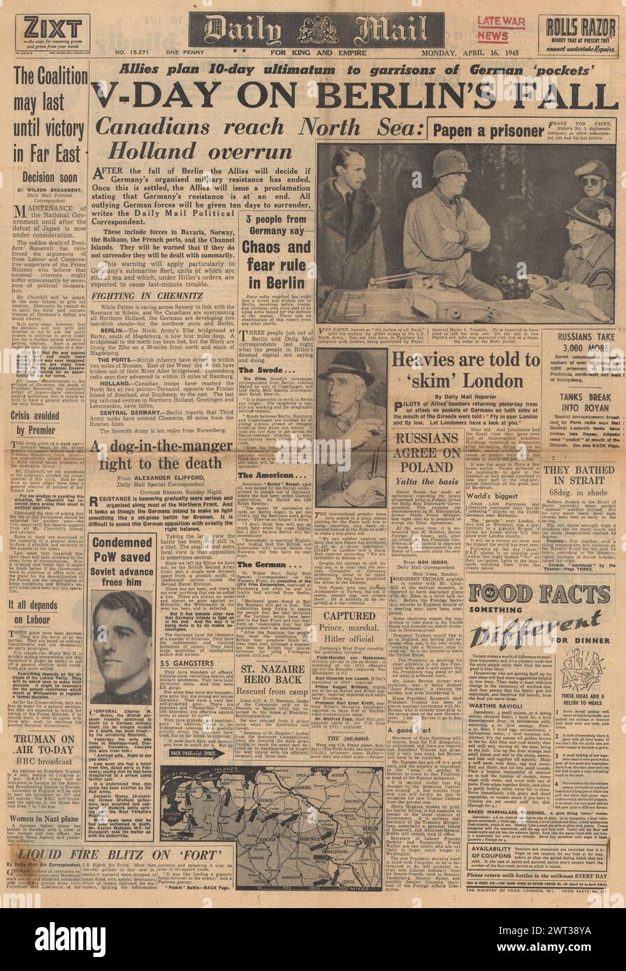 1945 Daily Mail front page reporting Battle for Berlin, capture of ...