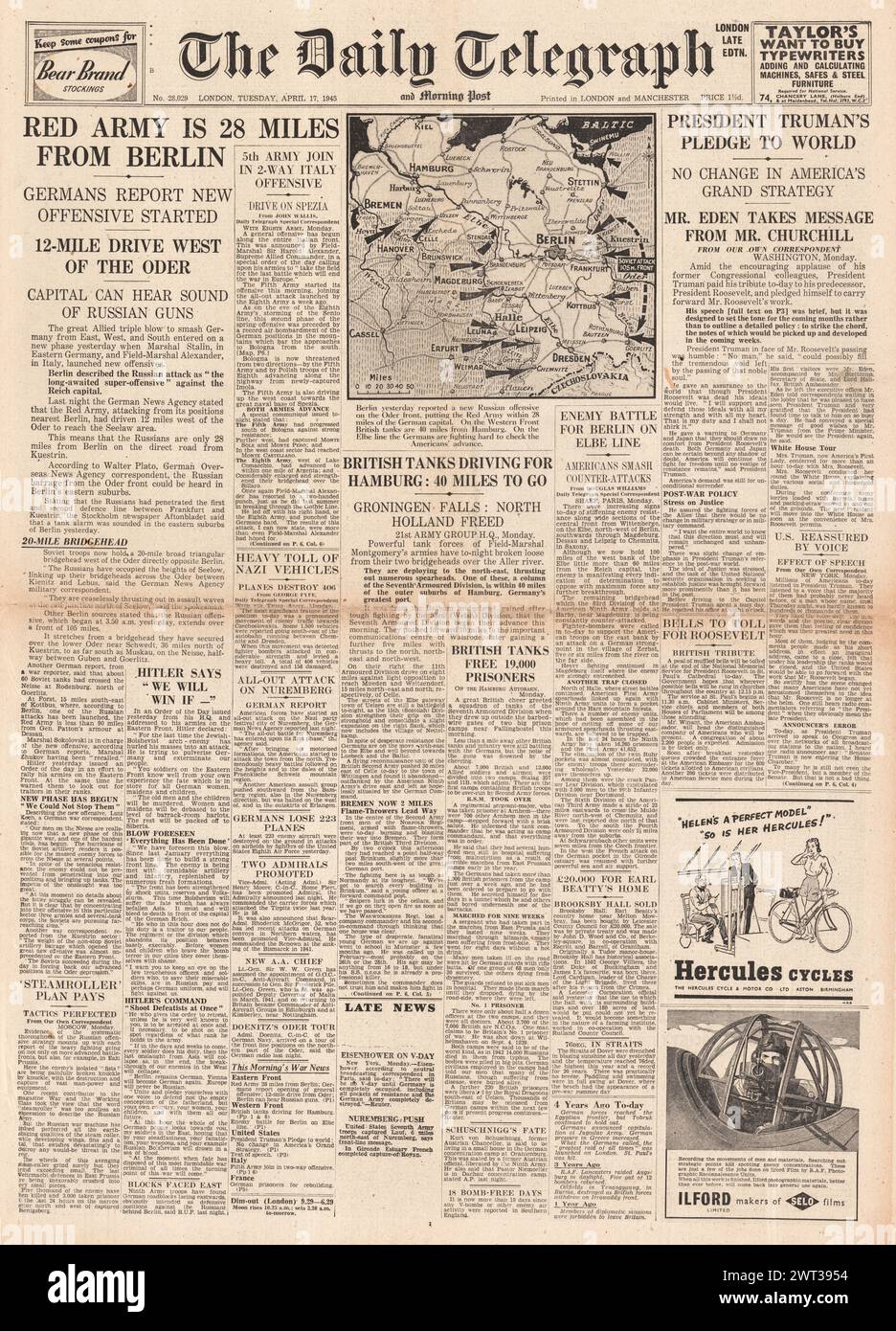 1945 The Daily Telegraph front page reporting Red Army advance on ...