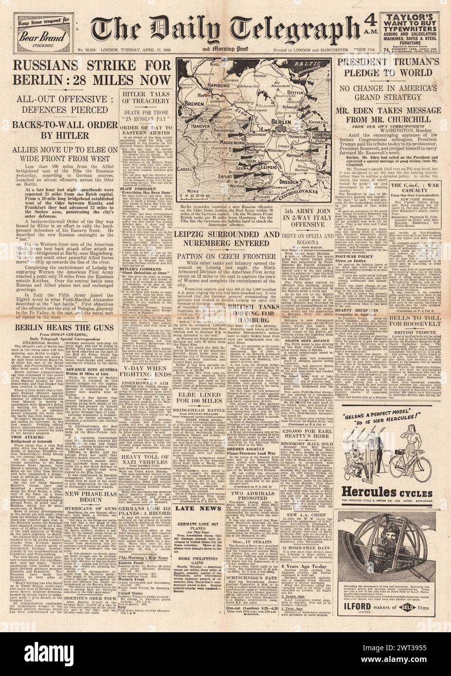 1945 The Daily Telegraph front page reporting Red Army advance on ...