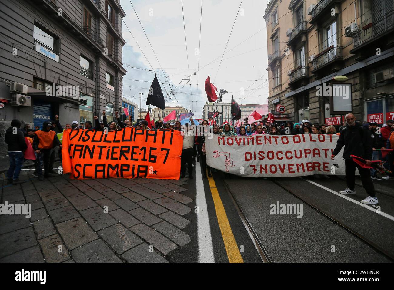 People with banners, during the demonstration in Naples "We Rise Up ...