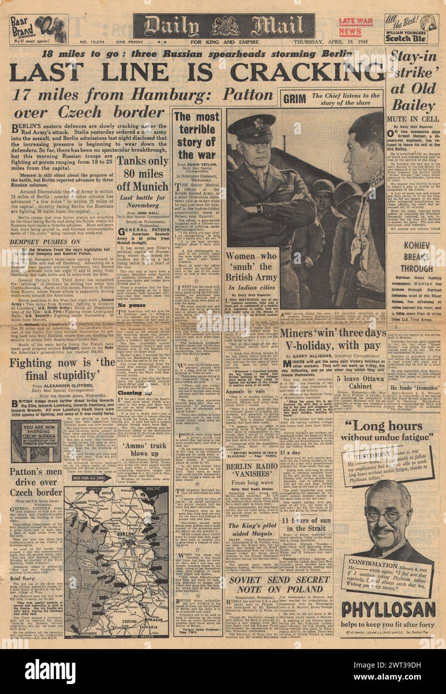 1945 Daily Mail front page reporting Red Army close to Berlin, British ...