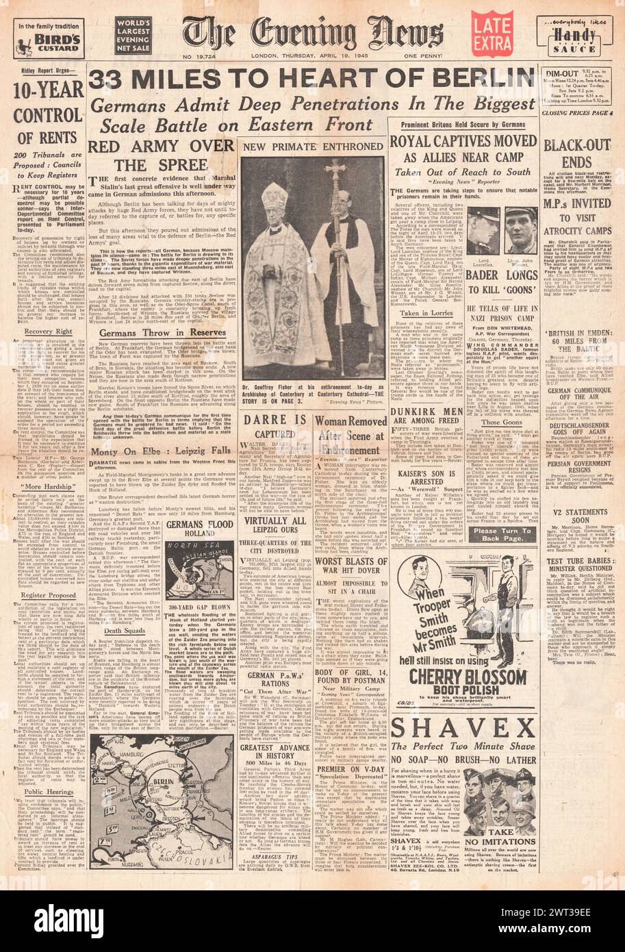 1945 Evening News front page reporting Battle for Berlin, capture of ...