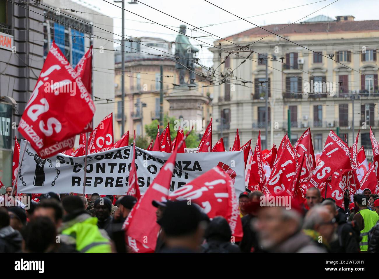 People with banners and flags, during the demonstration in Naples "We ...