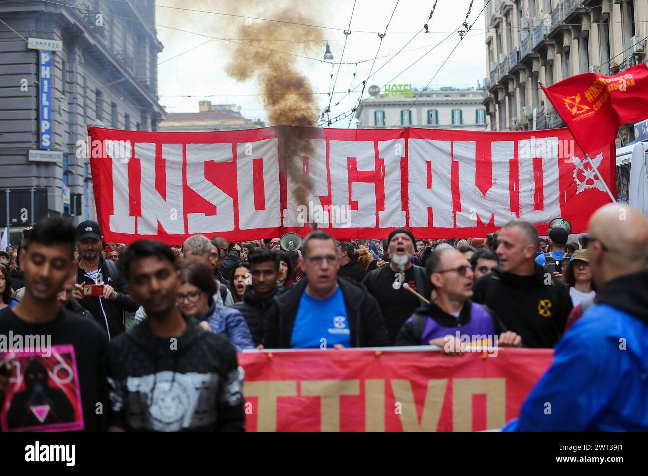 People with banners and flags, during the demonstration in Naples "We ...