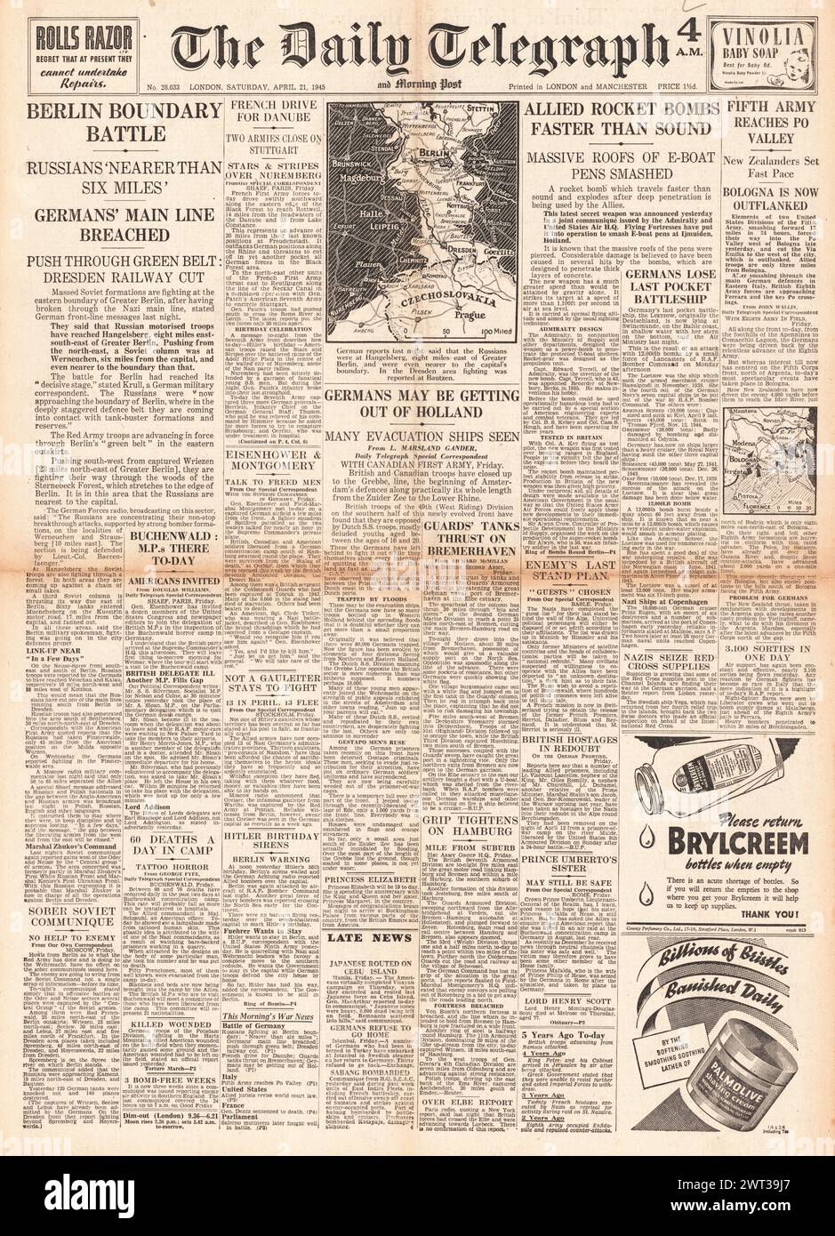 1945 The Daily Telegraph front page reporting Battle for Berlin, Belsen ...