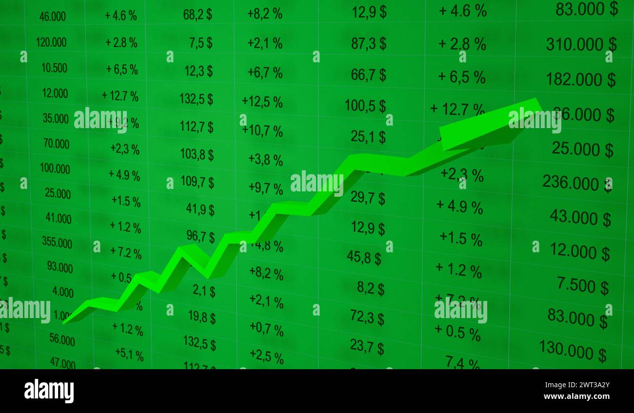 Growing sales, strong business, green Spredsheet with data and rising ...