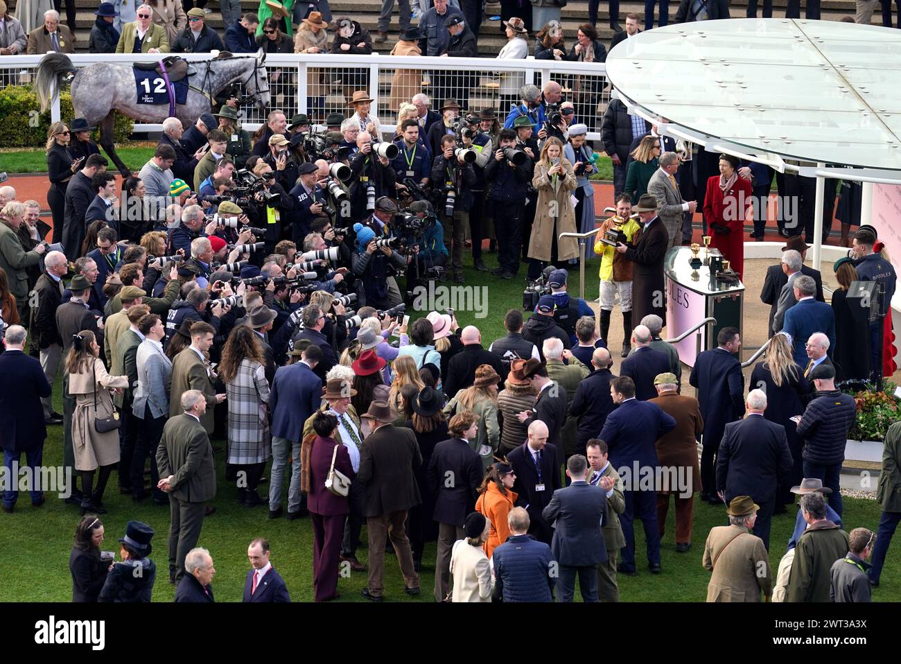 Paul Townend and trainer Willie Mullins with the Gold Cup Trophy after ...
