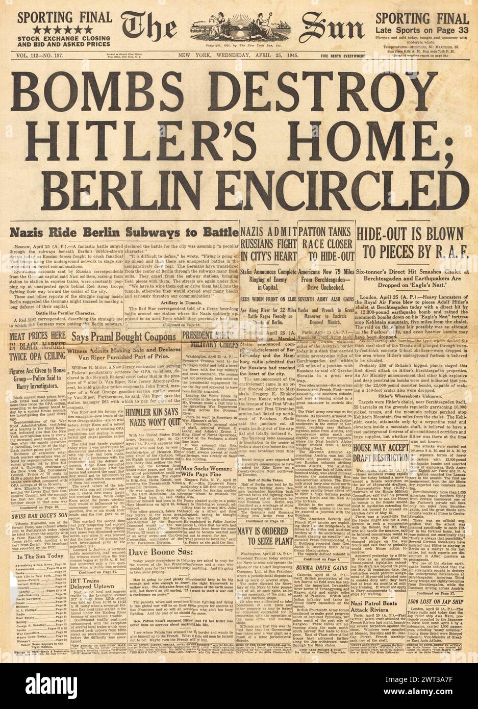 1945 The Sun front page reporting Battle for Berlin and Allied aircraft ...