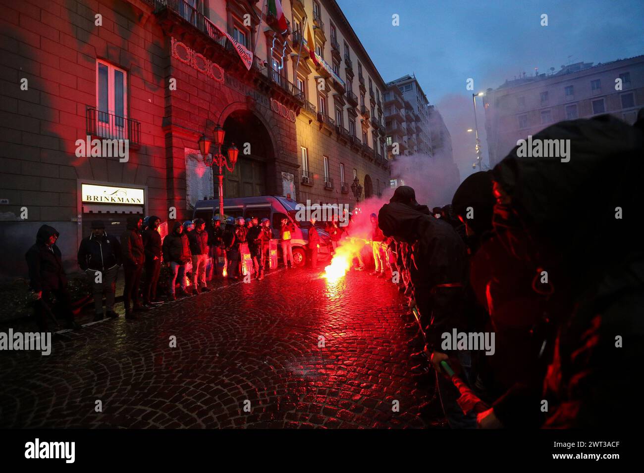 People with smoke bombs, during the demonstration in Naples "We Rise Up ...