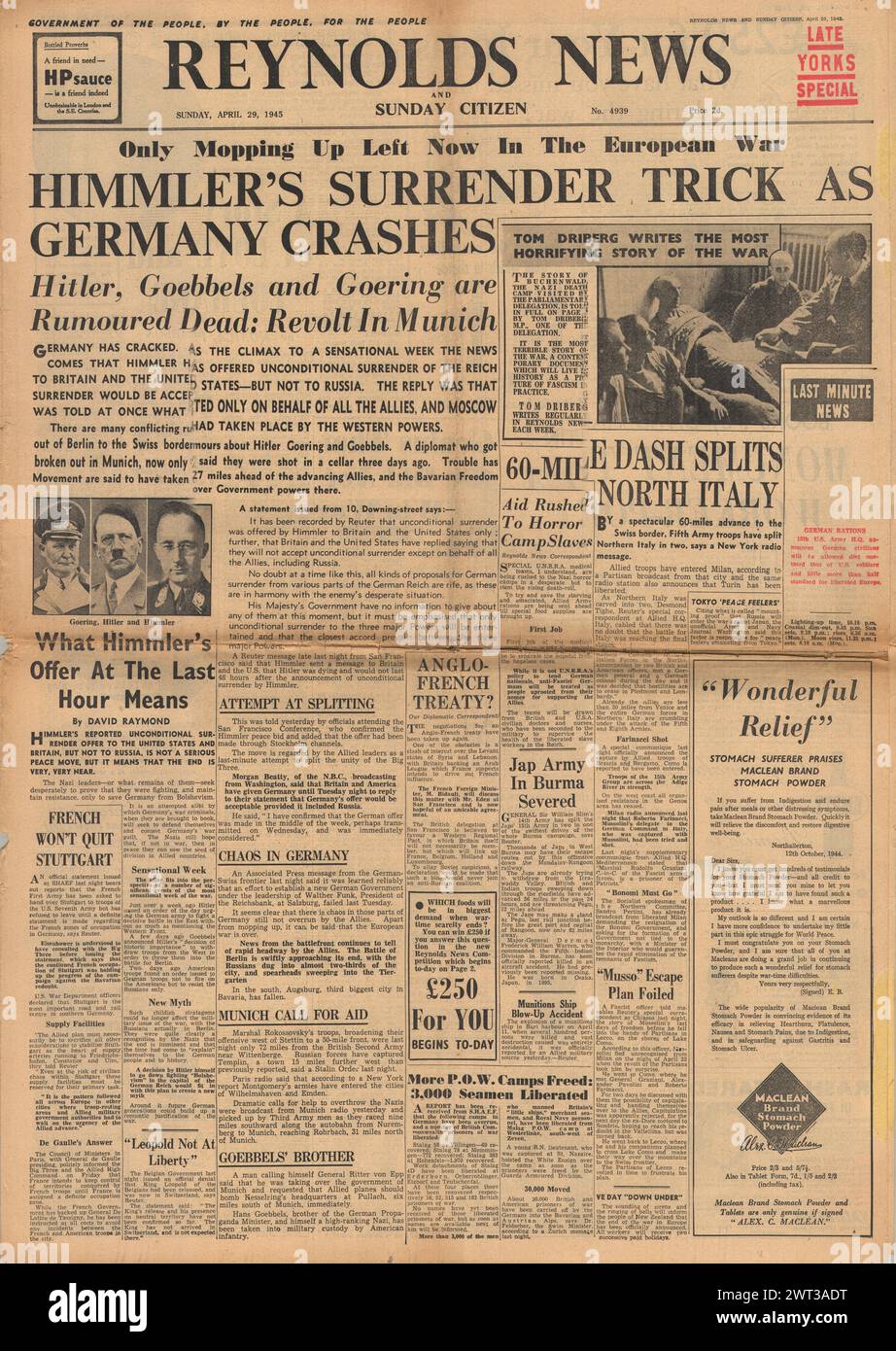 1945 Reynolds News front page reporting Himmler offers surrender Stock ...