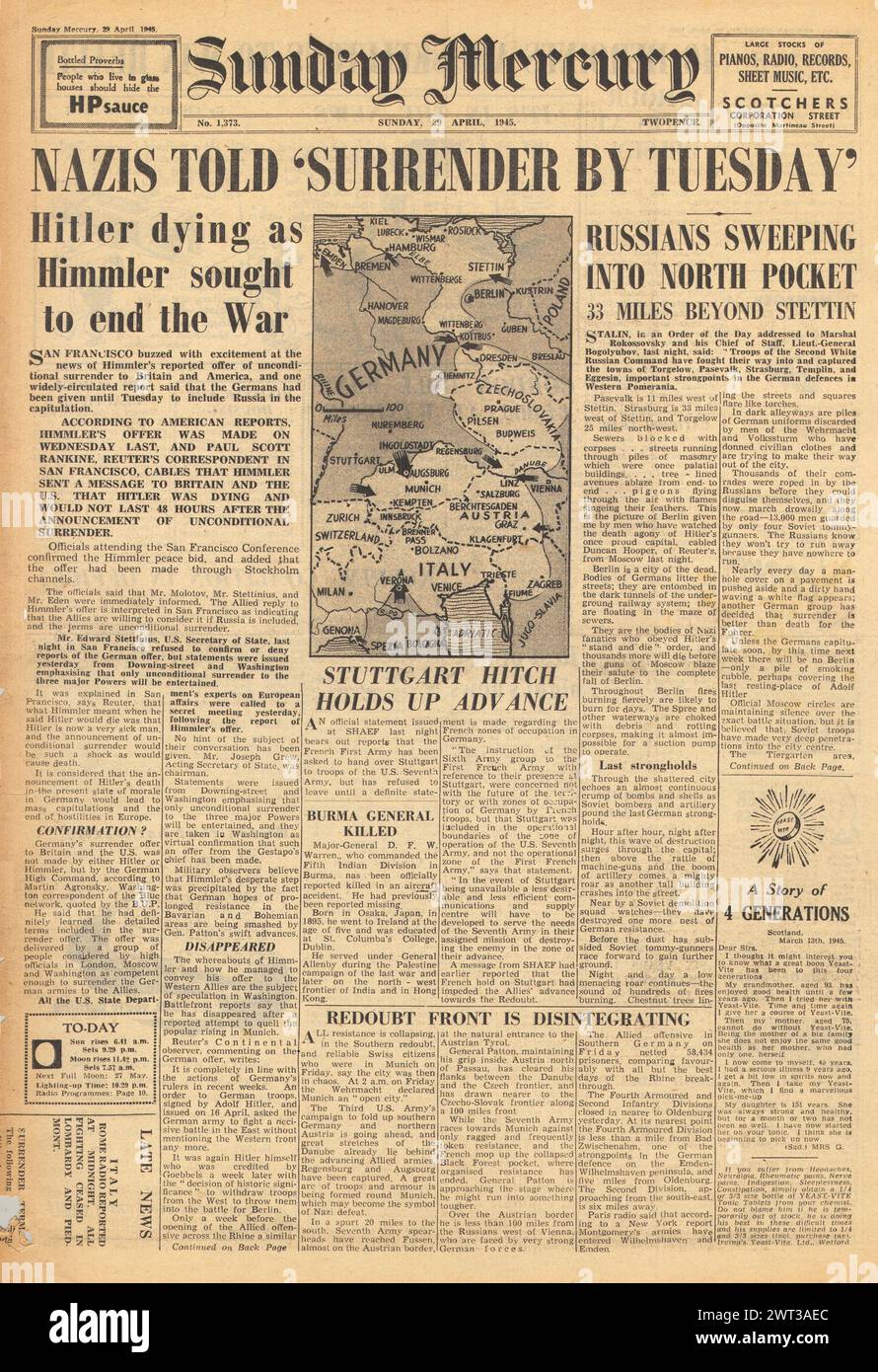 1945 Sunday Mercury front page reporting Germany told to surrender and ...