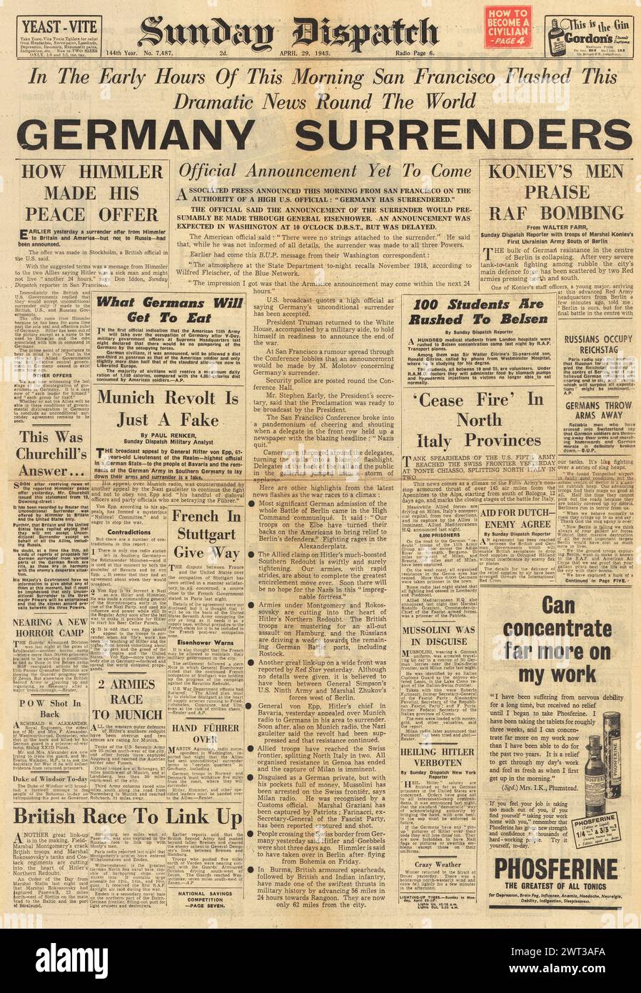 1945 Sunday Dispatch front page reporting Reports of Germanys ...