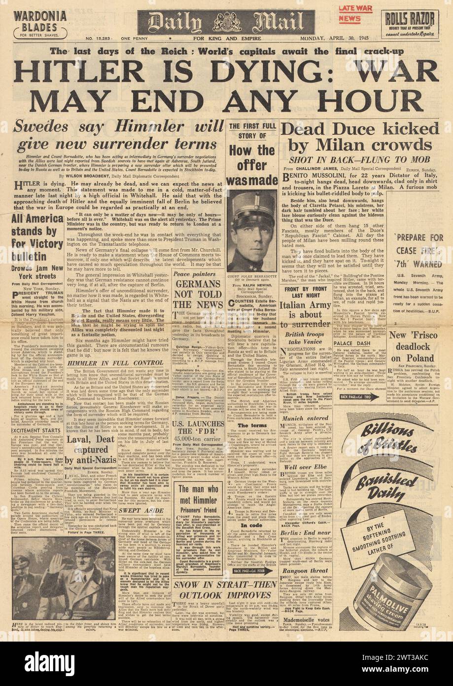 1945 Daily Mail front page reporting Himmler meets Count Bernadotte ...