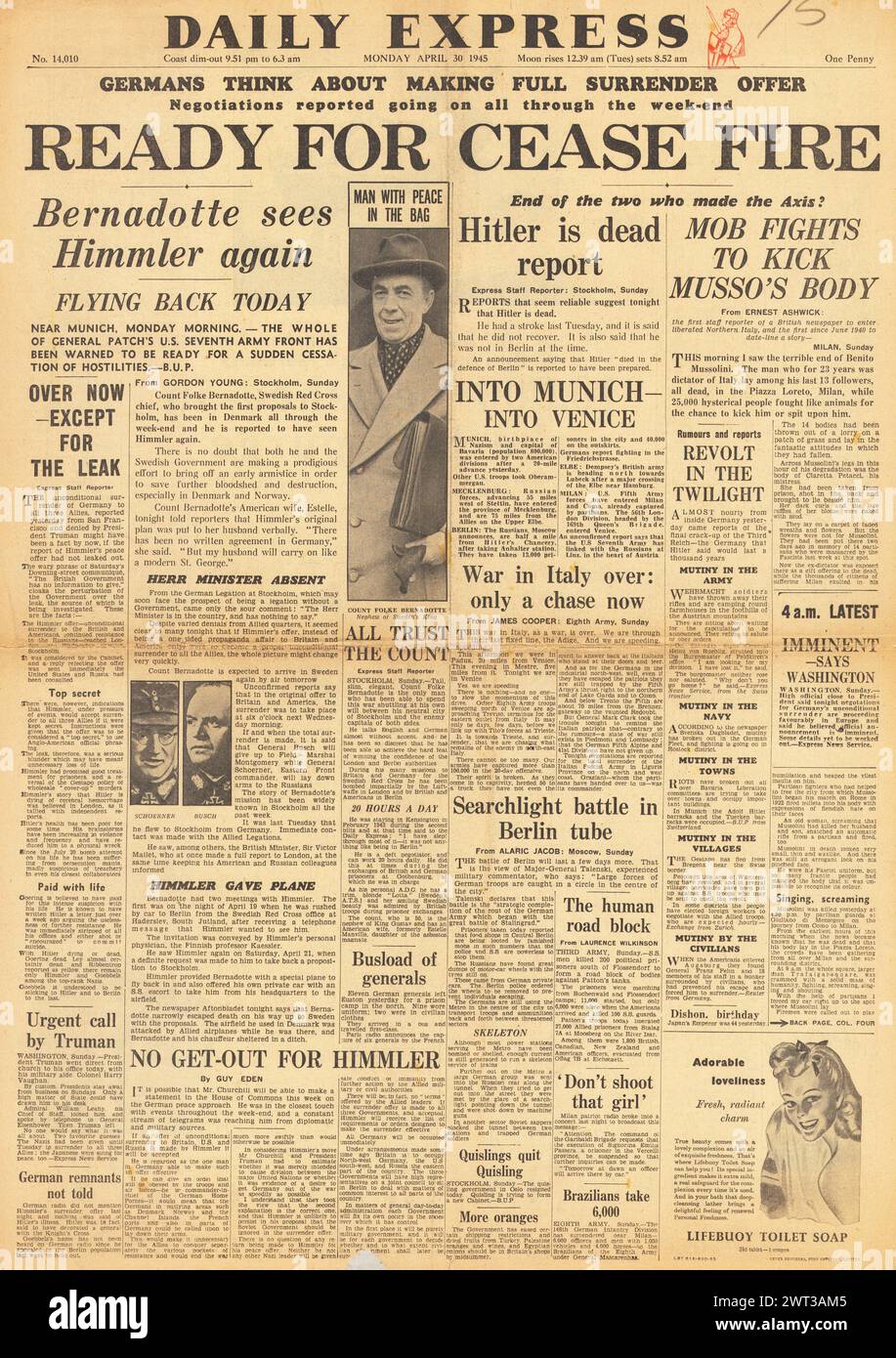 1945 Daily Express front page reporting Himmler meets Count Bernadotte ...