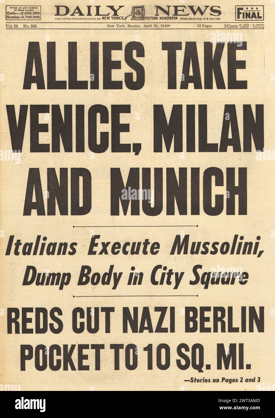 1945 Daily News front page reporting Execution of Mussolini, Allies ...
