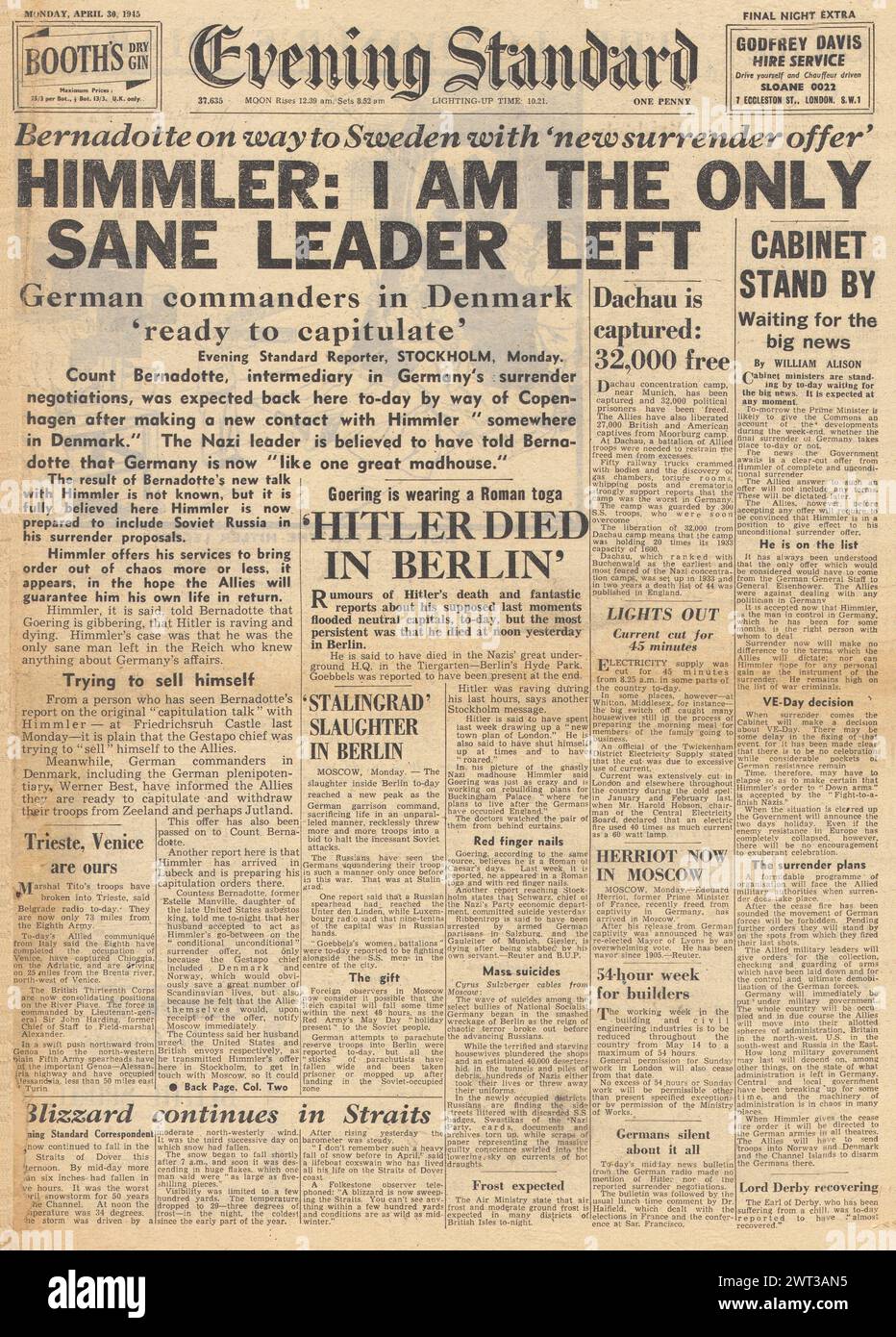 1945 Evening Standard front page reporting Himmler surrender offer ...